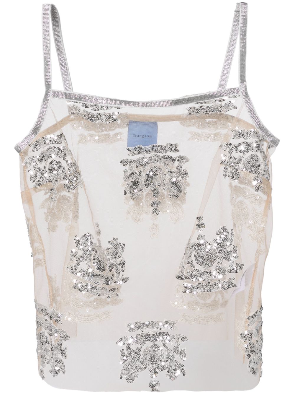 Post Grad sheer Top in silver embroidered sequin Crest by macgraw